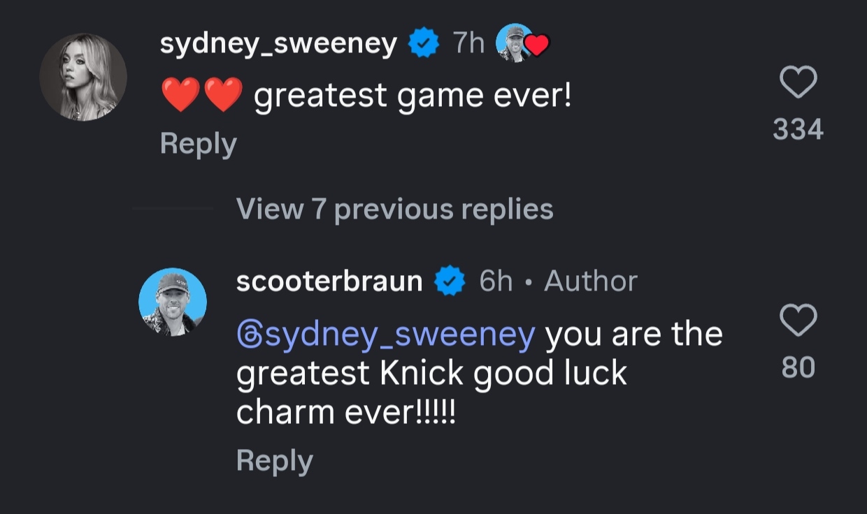 Scooter Braun Calls Sydney Sweeney the "Greatest Knicks Good Luck Charm ...
